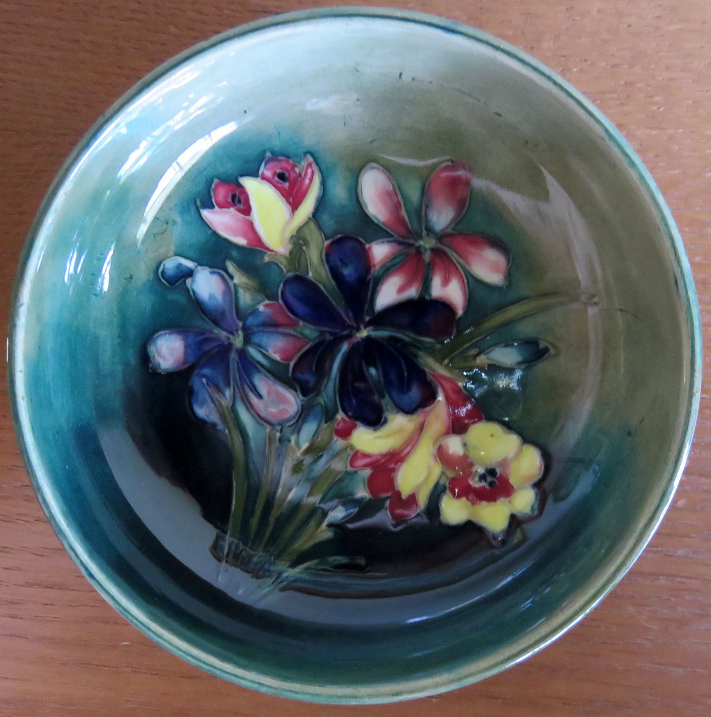 Moorcroft Spring Flowers 4 1/2 inch Blue Green Footed Bowl