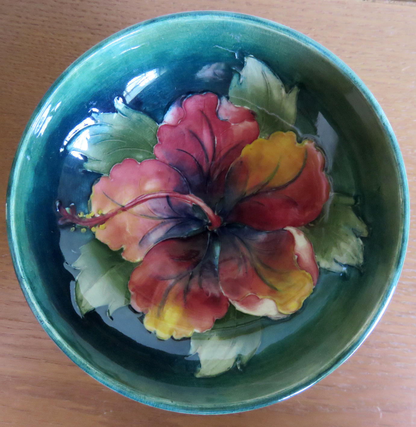 Moorcroft Hibiscus Green Blue 5 3/8inches Footed Bowl